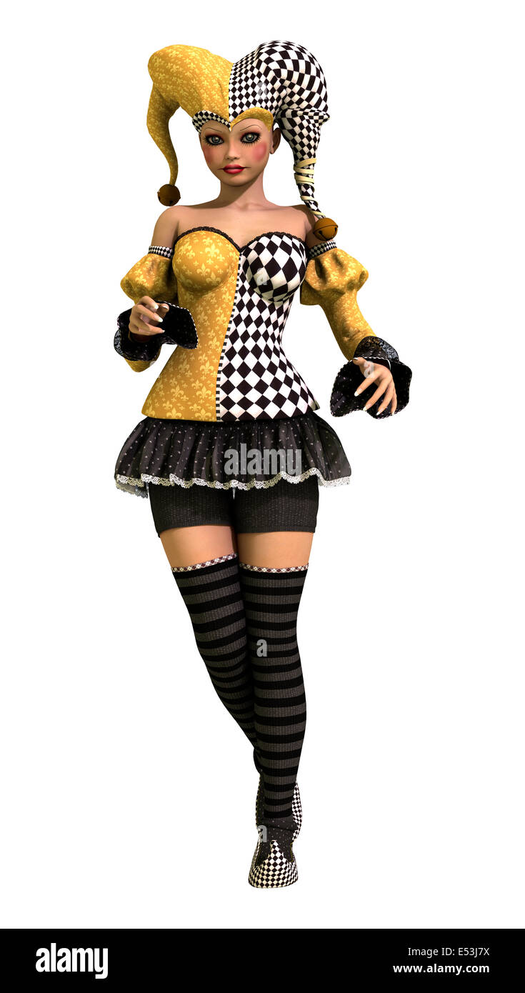 3D digital render of a female jester performer isolated on white ...