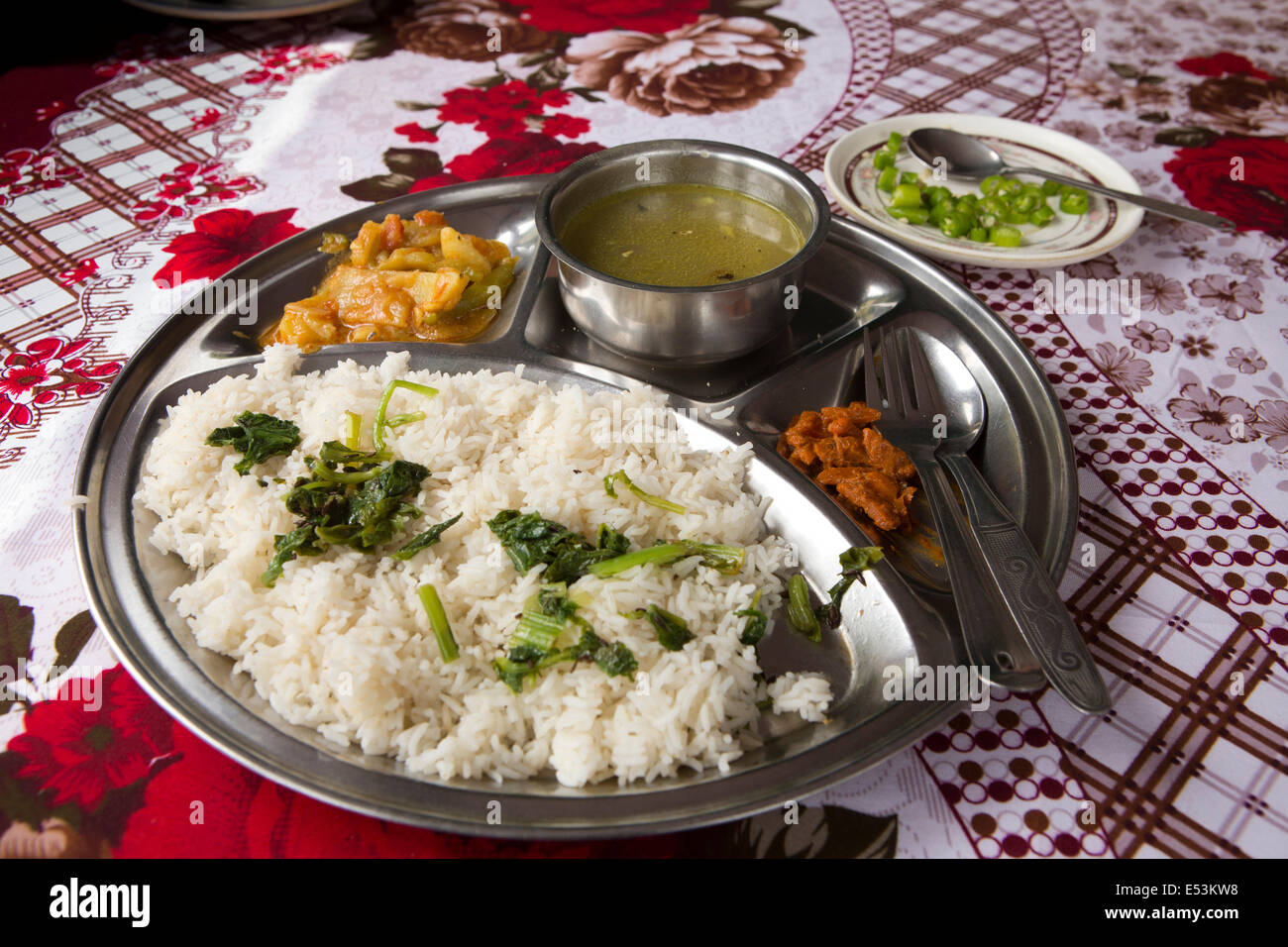 Nepal, Tikedungha, typical Nepali, food, meal of dal bhat on thali ...