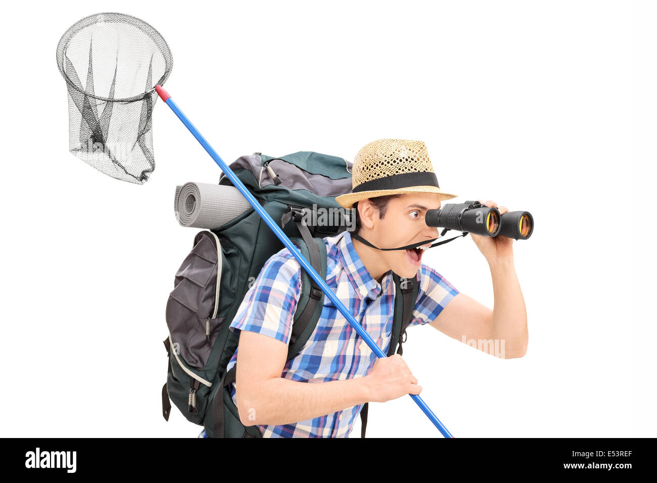 Guy with butterfly net looking through binoculars Stock Photo - Alamy