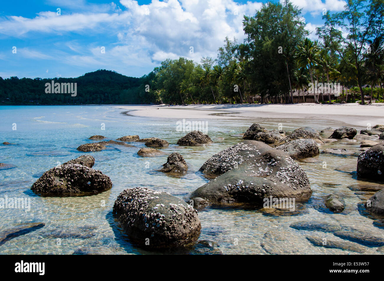 Beautiful tropical beach with white sand, blue waters and colorful ...