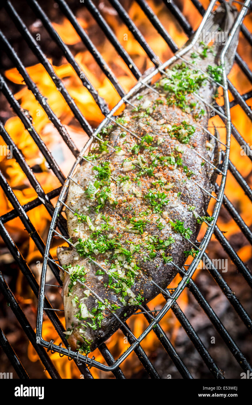 Baked fish on fire Stock Photo - Alamy