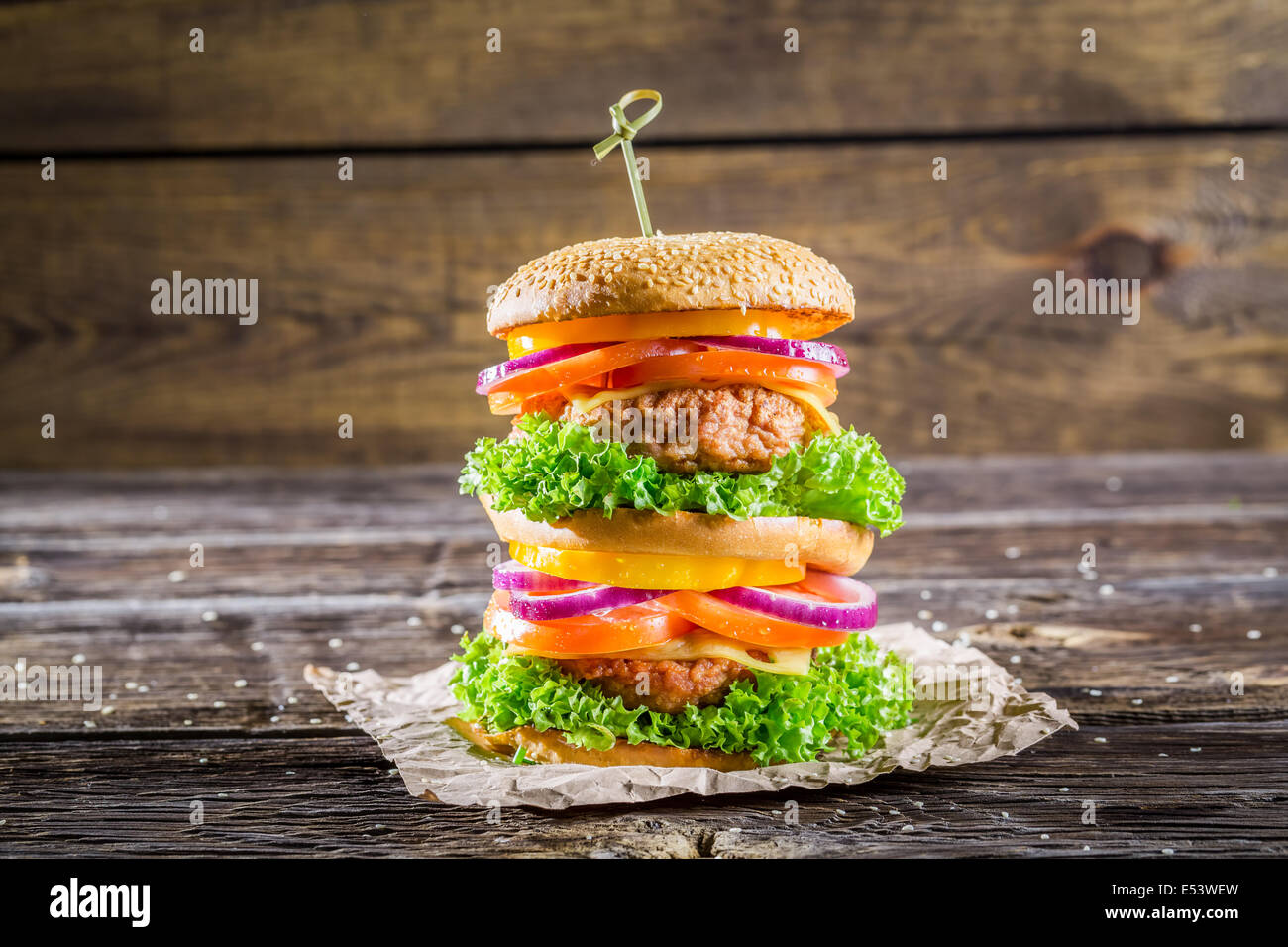Double-decker burger made from vegetables and beef Stock Photo - Alamy