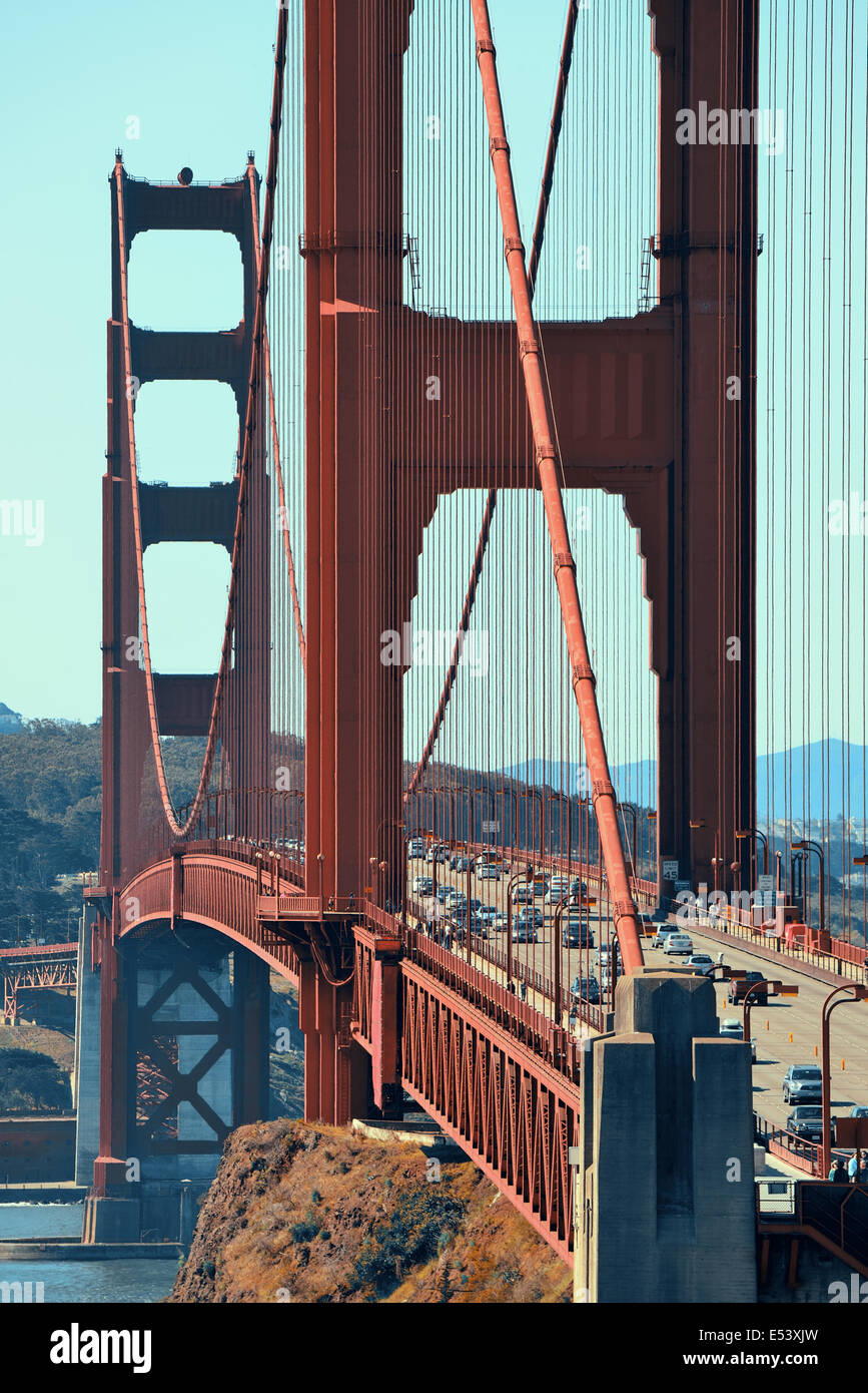 San Francisco, CA - MAY 11: Golden Gate Bridge closeup with traffic on ...