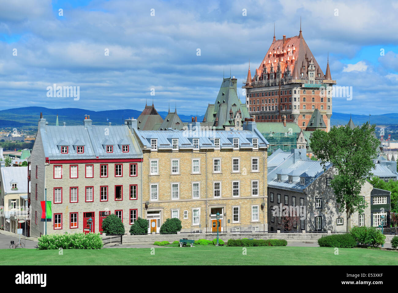 Quebec City cityscape panorama with cloud, blue sky and historical ...