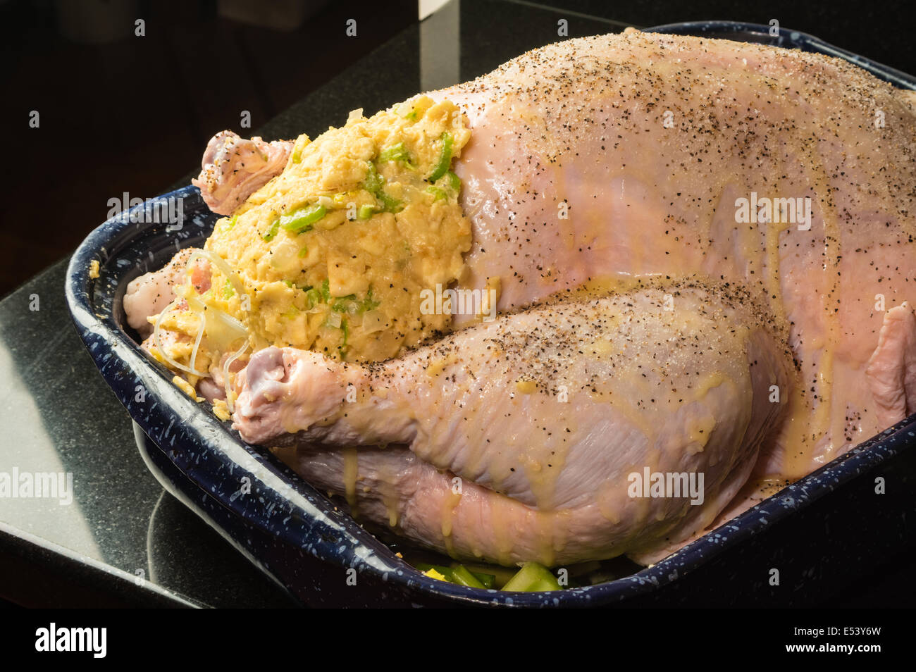 A fresh turkey stuffed and prepared ready for roasting Stock Photo - Alamy