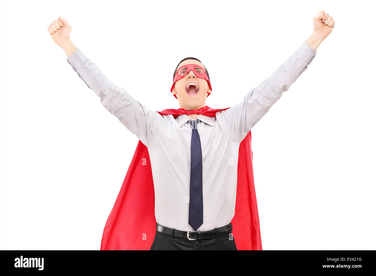 Male superhero raising his hands out of joy Stock Photo - Alamy