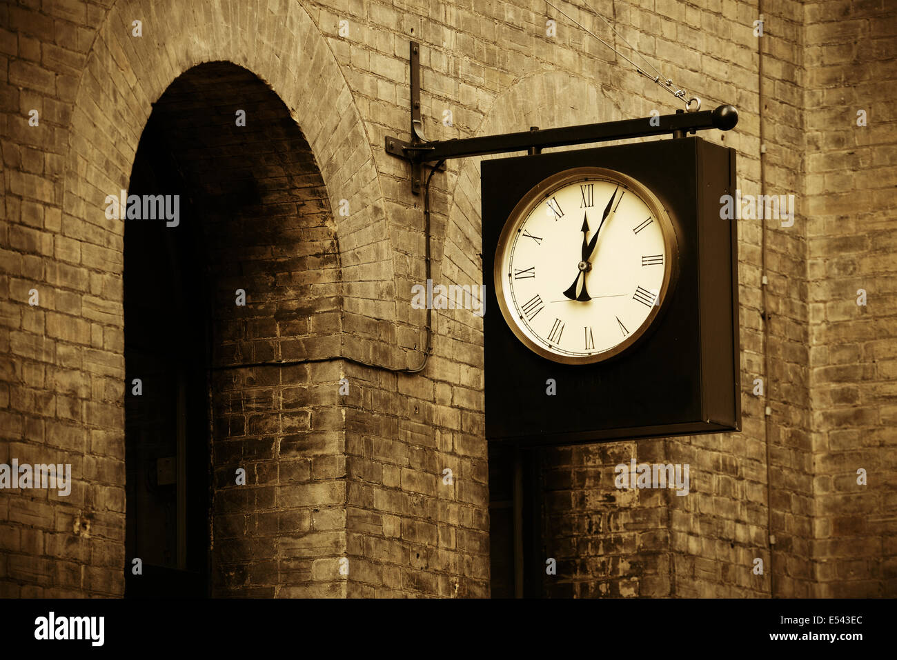 Urban historical architecture with vintage clock in street in London ...