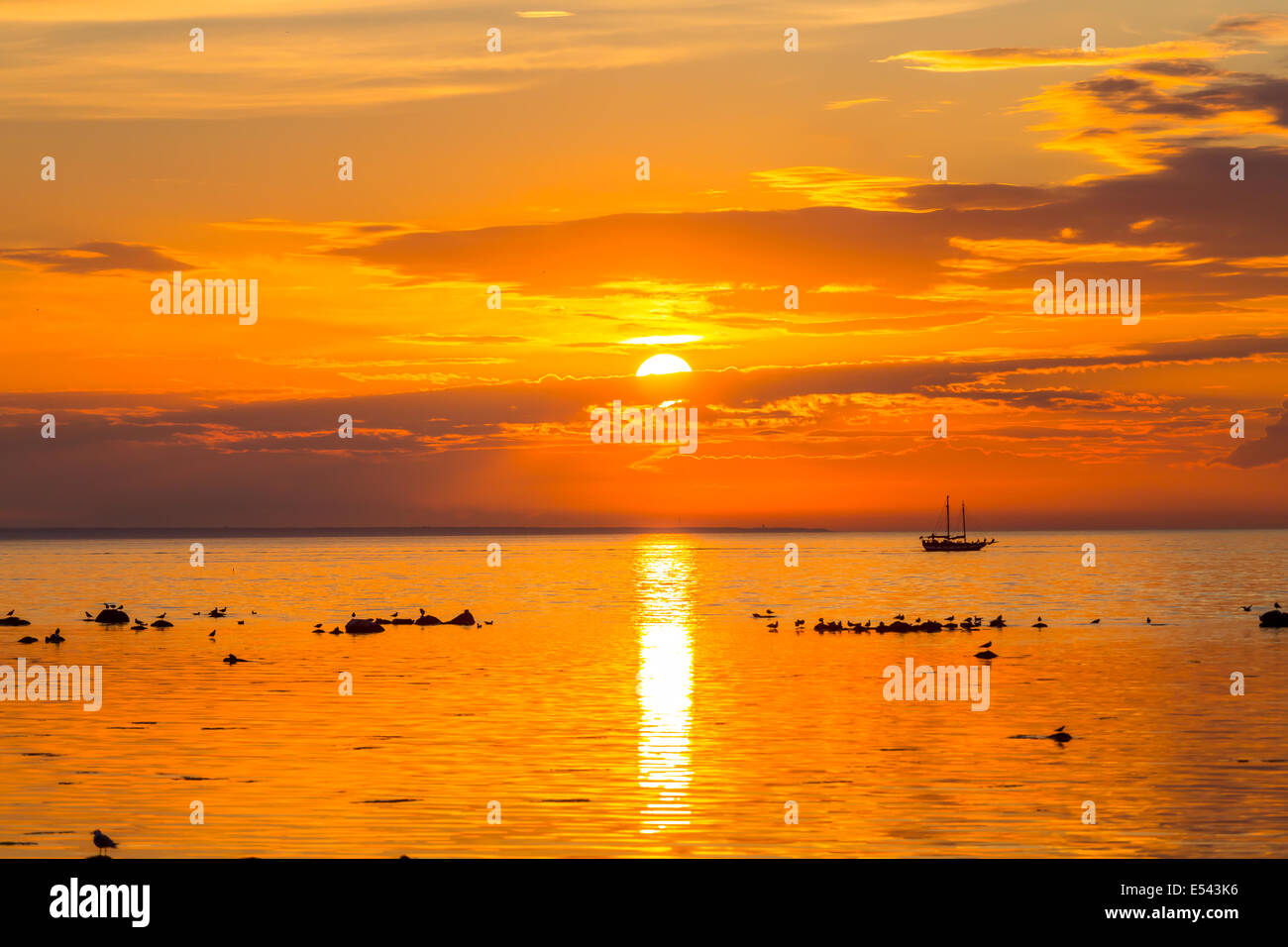 tall ship sailing along skyline during sunset Stock Photo - Alamy