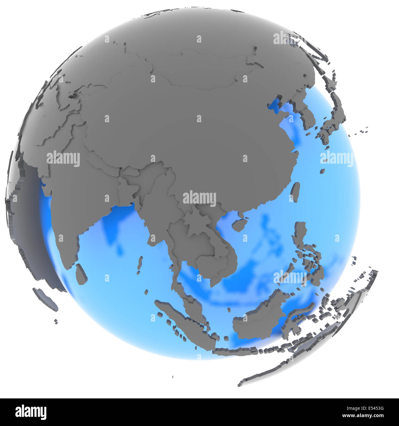 East Asia standing out of blue planet in grey, isolated on white ...