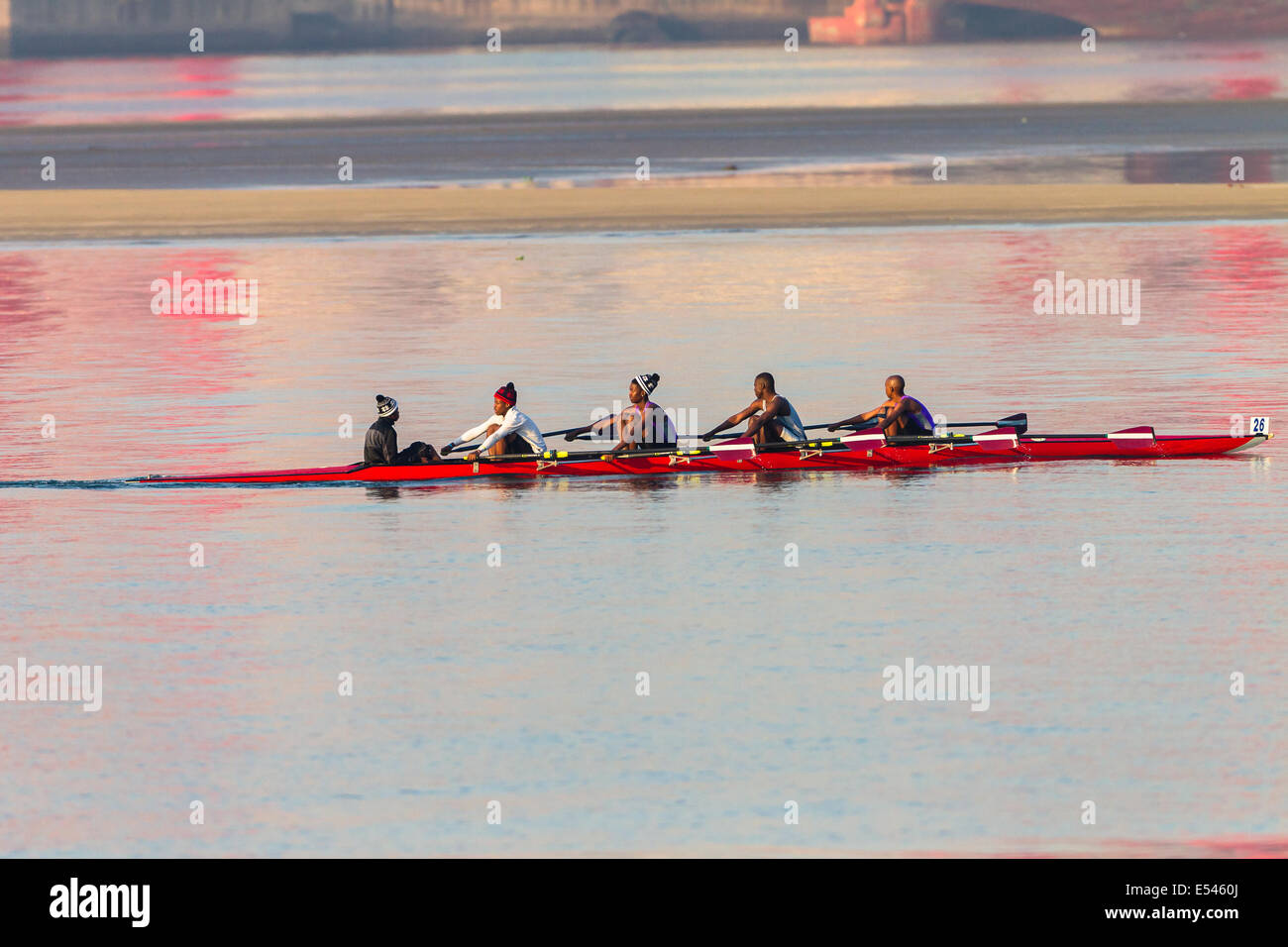 Regatta Rowing action athlete rowers on Durban harbor waters Stock ...