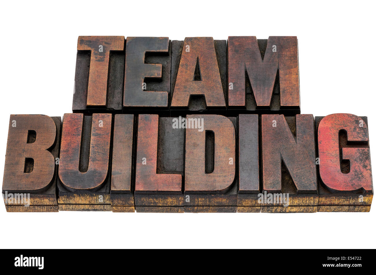 team building - isolated text in vintage letterpress wood type stained ...