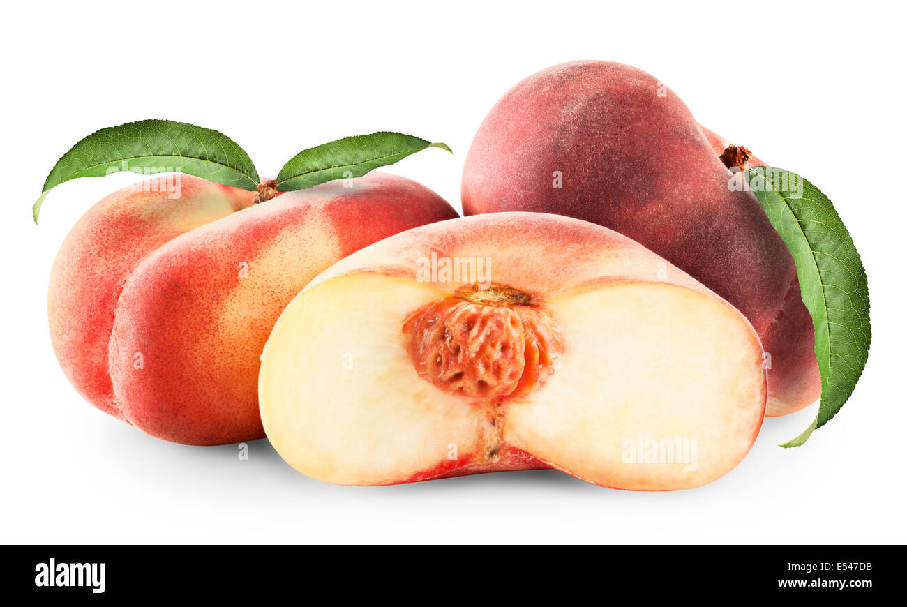 ripe fig peach slice with leaves isolated on white background Stock ...