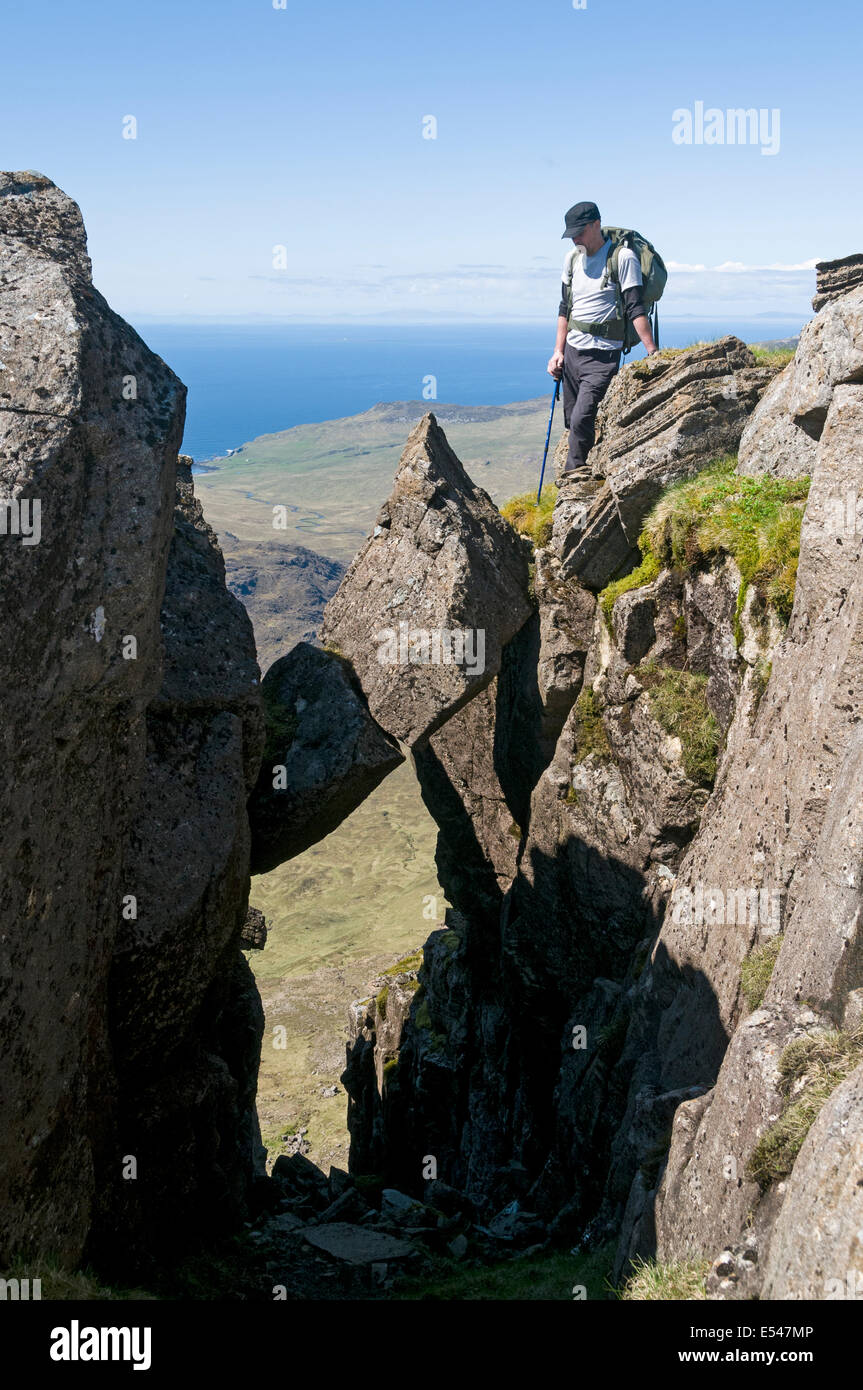 A walker looks at a chockstone in a gully on the Hallival - Askival ...