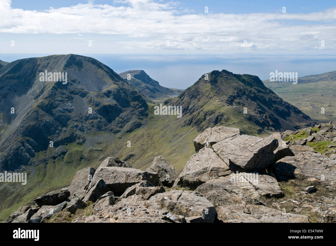 Ainshval and Trollaval with Ruinsival through the gap, from Askival, in ...