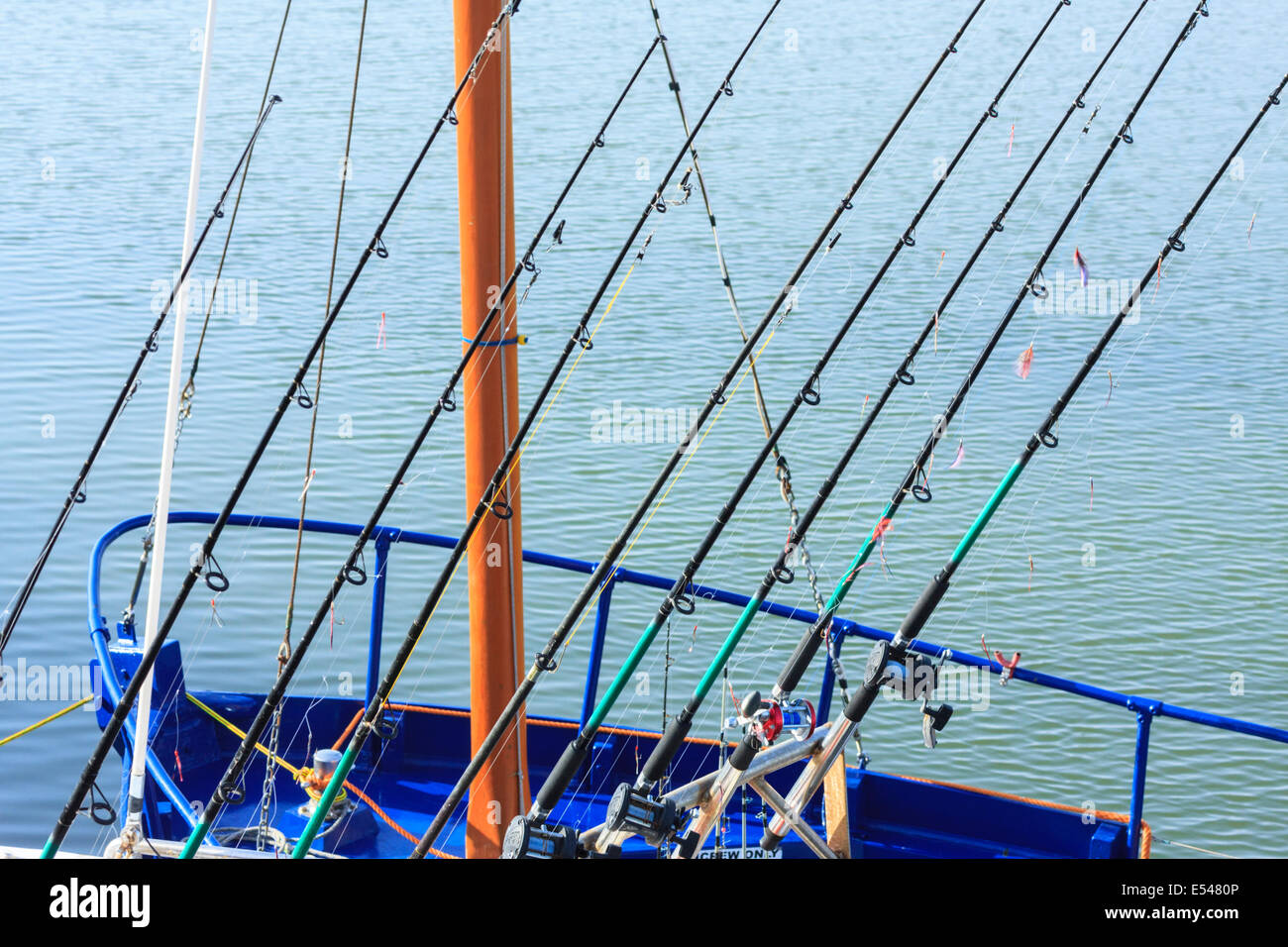 A row of fishing rods on a fishing boat Stock Photo - Alamy
