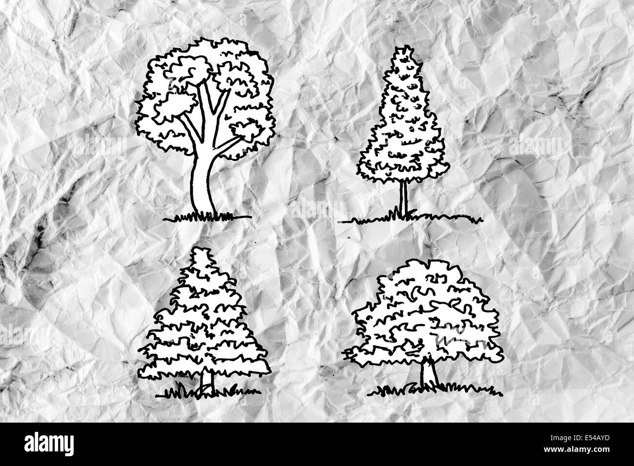Set of trees with leaves on crumpled paper Stock Photo - Alamy
