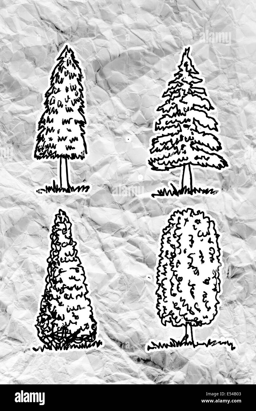 Set of trees with leaves on crumpled paper Stock Photo - Alamy