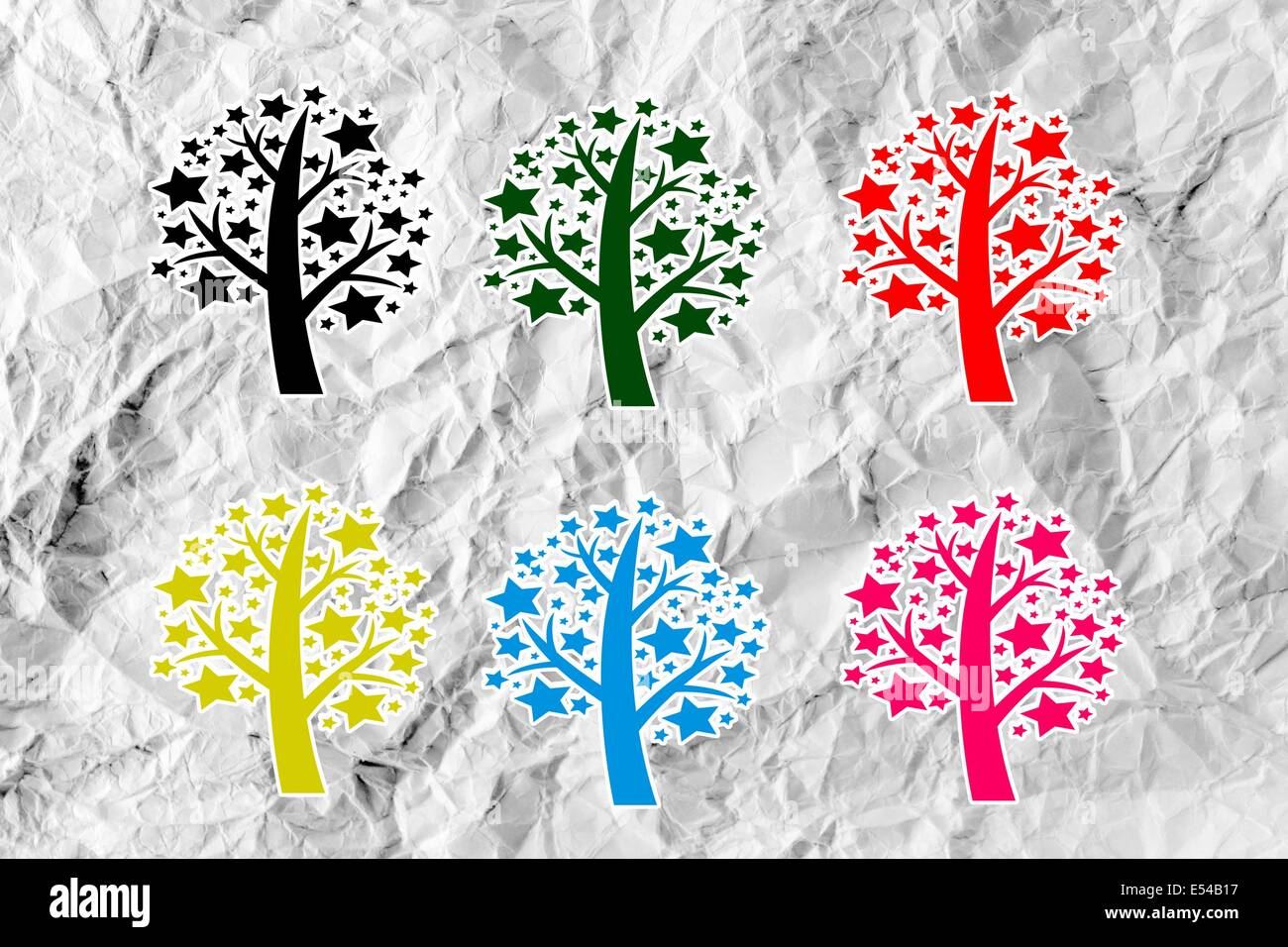 Set of trees with leaves on crumpled paper Stock Photo - Alamy