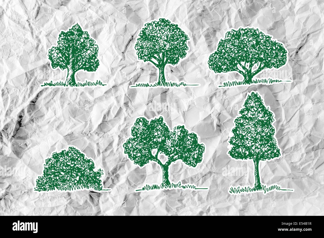 Set of trees with leaves on crumpled paper Stock Photo - Alamy