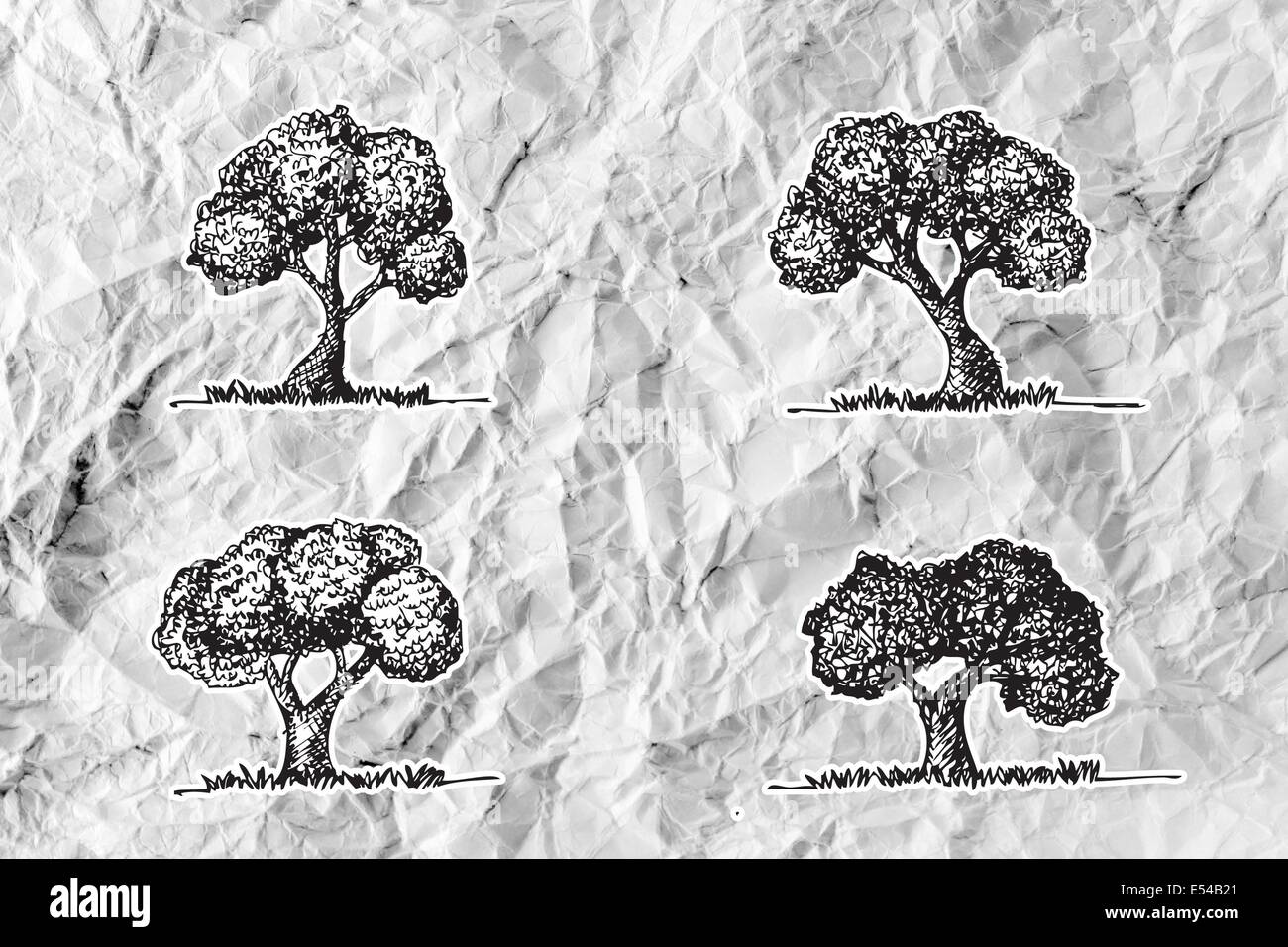 Set of trees with leaves on crumpled paper Stock Photo - Alamy
