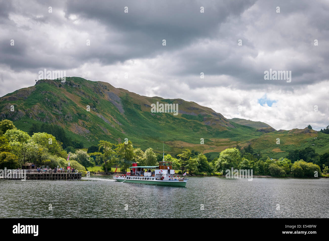 Ullswater Cumbria North West England. The steamer Raven at Howtown ...