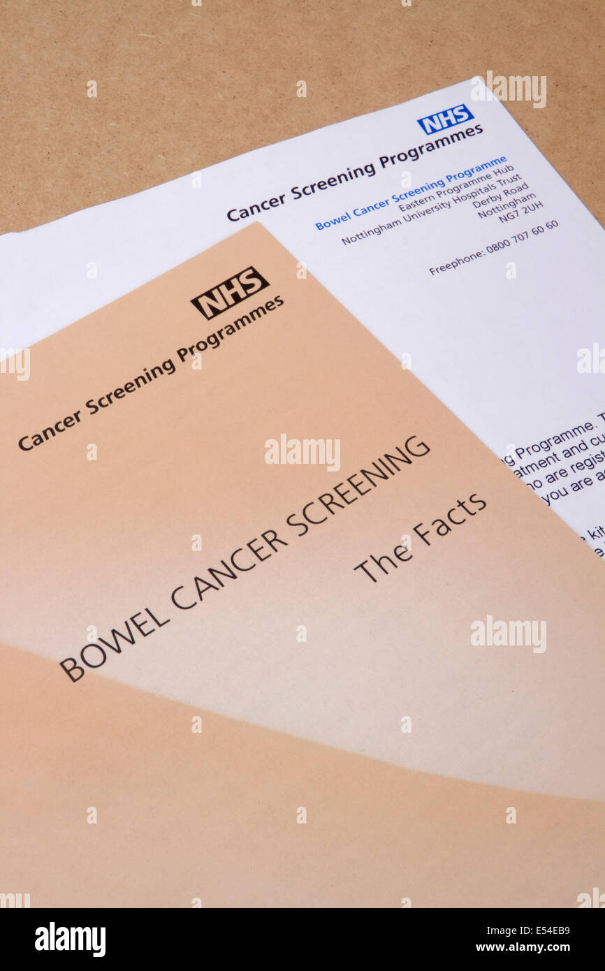 UK NHS bowel cancer screening programme notification letter plus information booklet Stock Photo ...