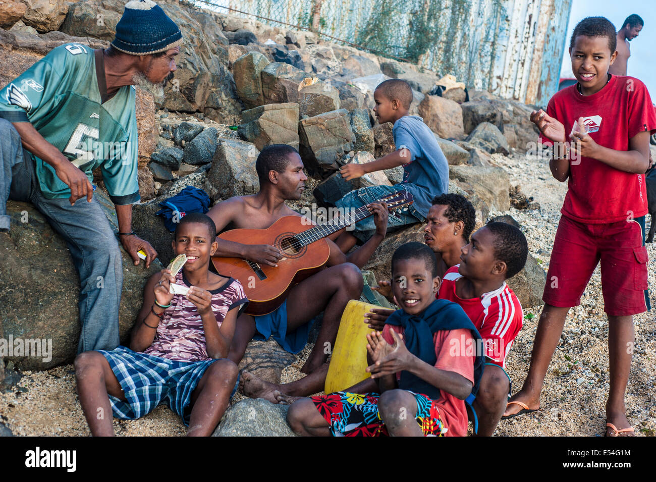 Young people on the beach in Mindelo, Sao Vicente Island, Cape Verde ...