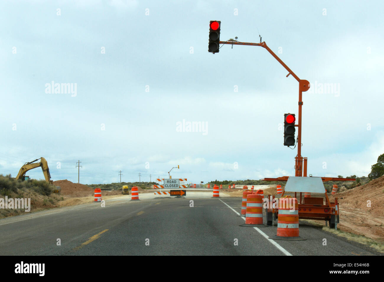 Road closure with barricades and stop light due to construction Stock ...