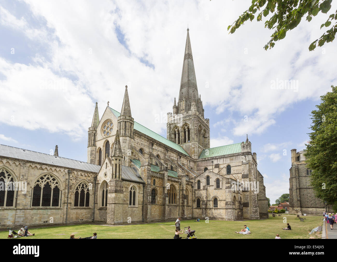 Chichester Cathedral, West Sussex, with impressive spire and people ...
