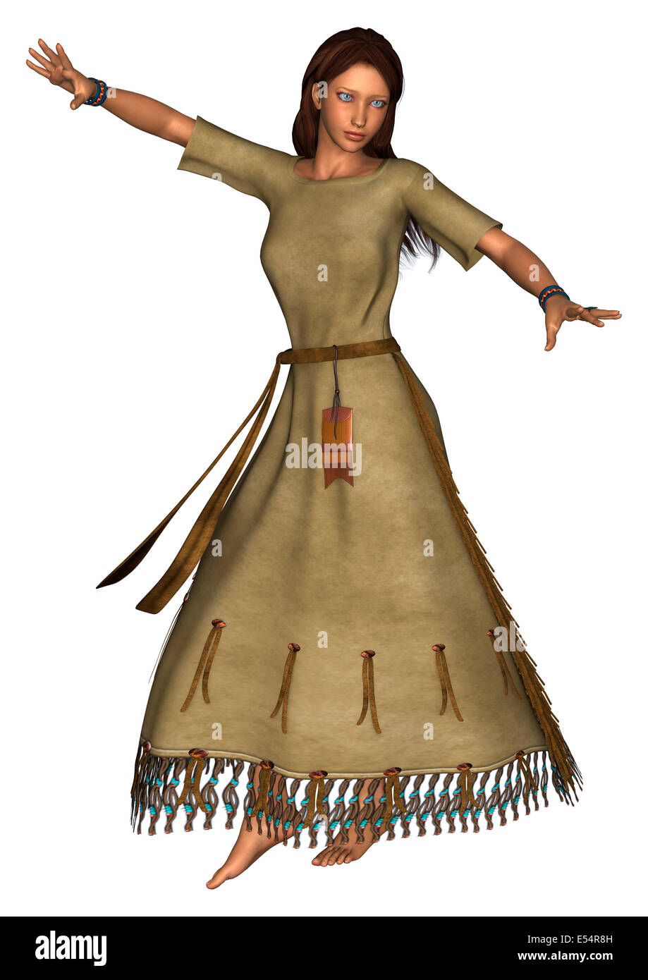 3D digital render of a beautiful native American young woman dancing in ...