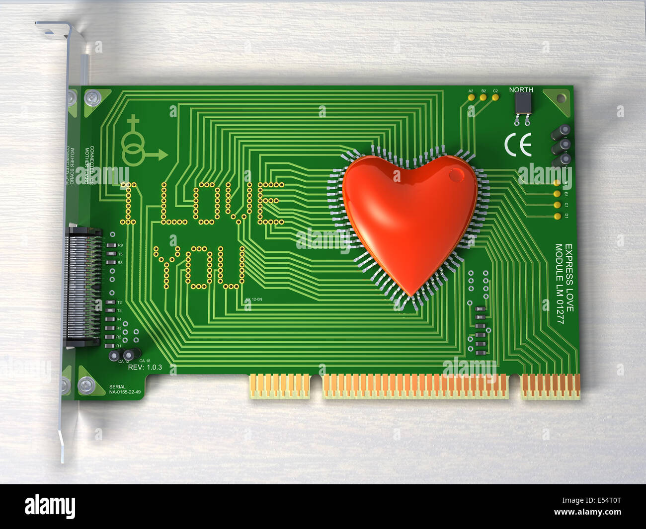 Fantasy PCI board for love. Futuristic and conceptual 3d illustration ...