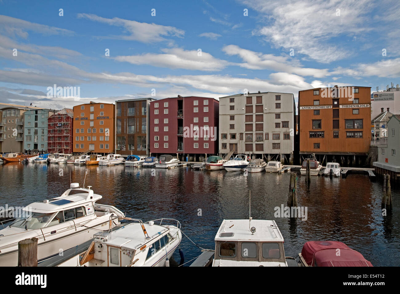 Old wooden warehouses on the waterfront in Trondheim Norway Stock Photo ...