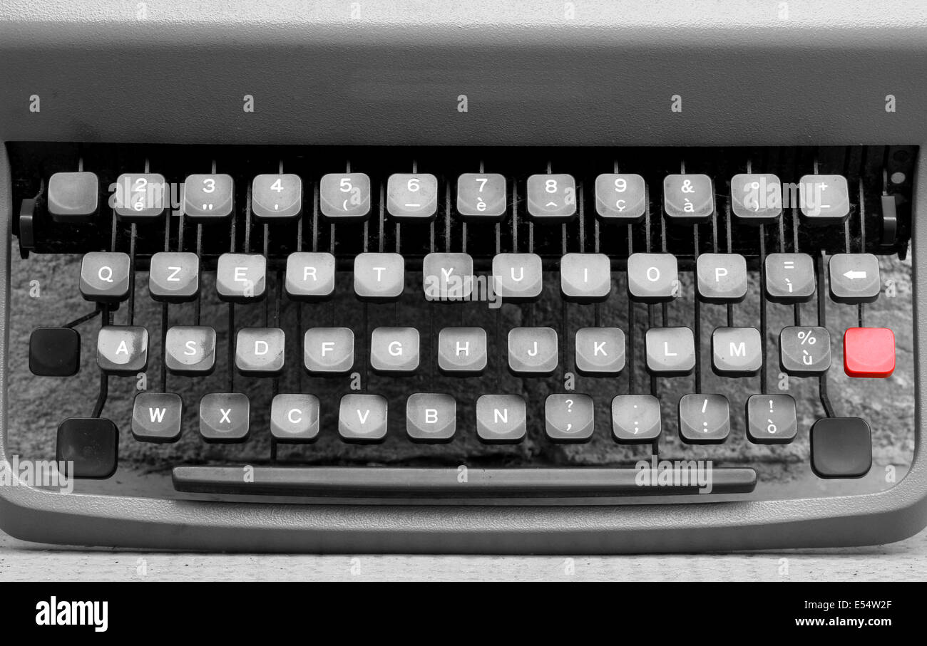 keyboard of an old typewriter in metal with a red button Stock Photo ...