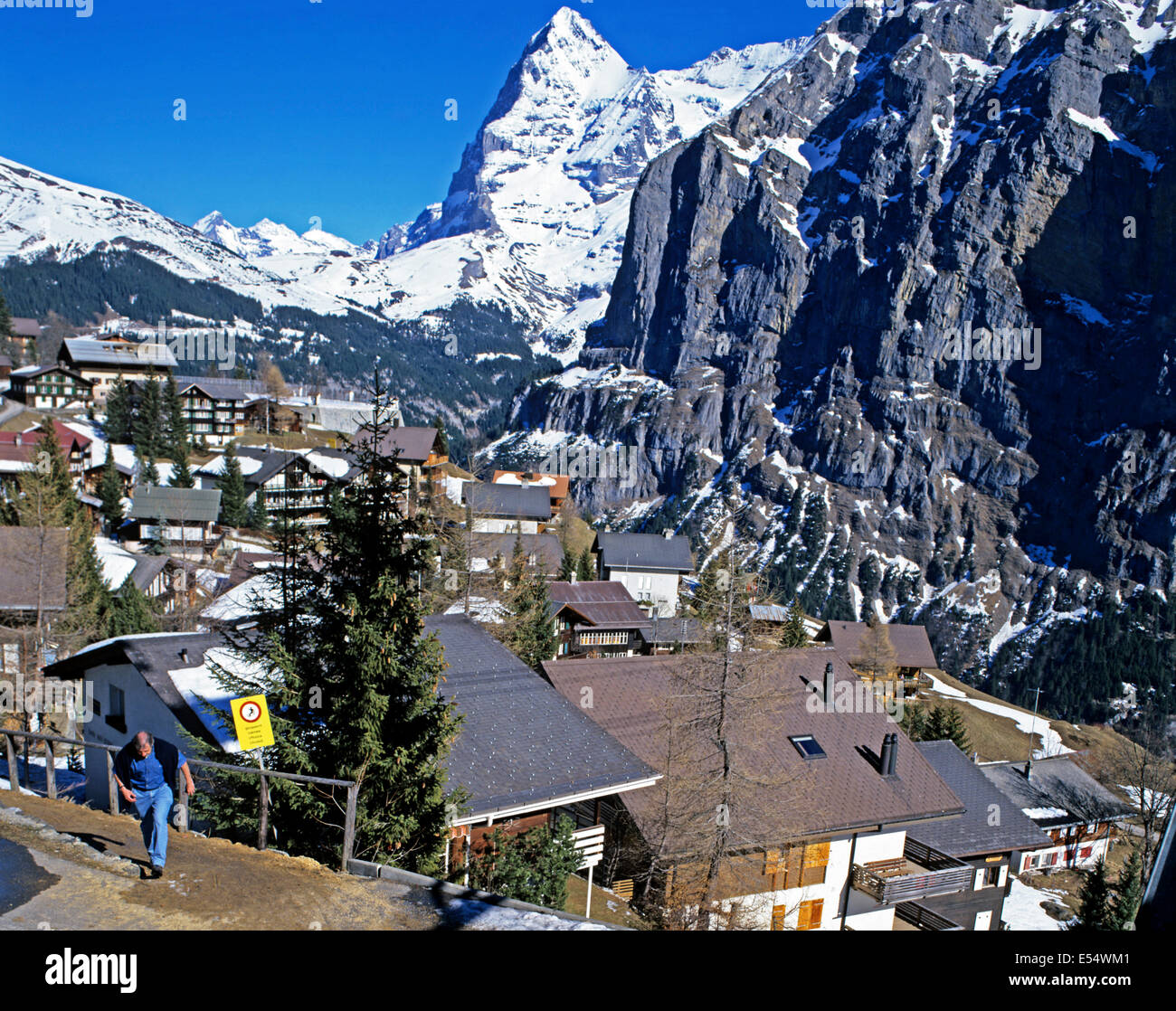 View of roof-tops showing snow-covered Swiss Alps in background, Bern ...