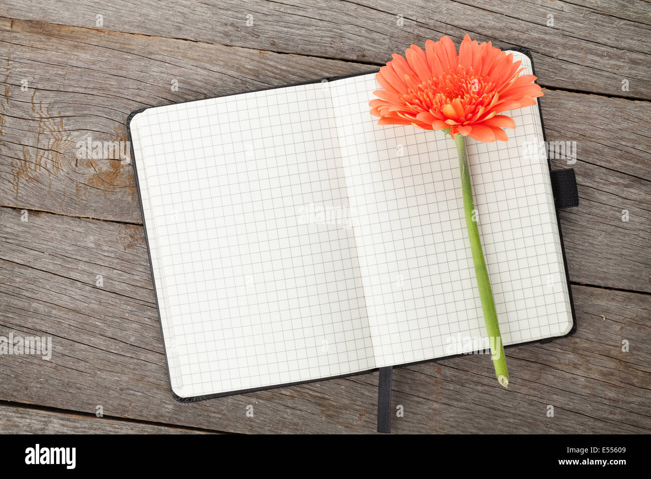 Blank notepad and orange gerbera flower on wooden table background ...