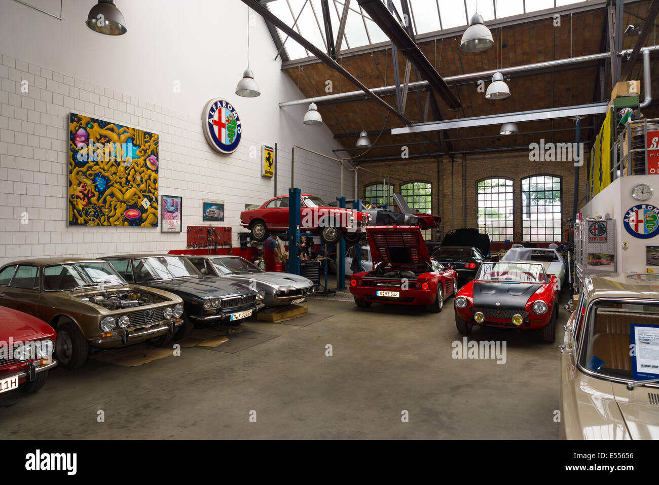 BERLIN, GERMANY - MAY 17, 2014: Restoration workshop of Italian cars ...