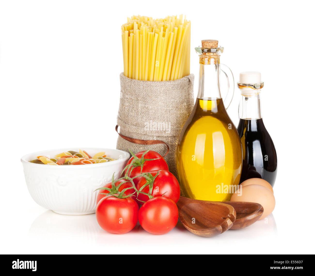 Pasta and ingredients. Isolated on white background Stock Photo - Alamy