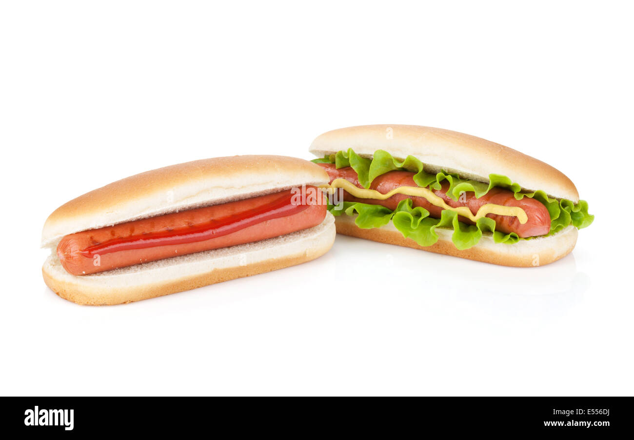 Two hot dogs with various ingredients. Isolated on white background ...