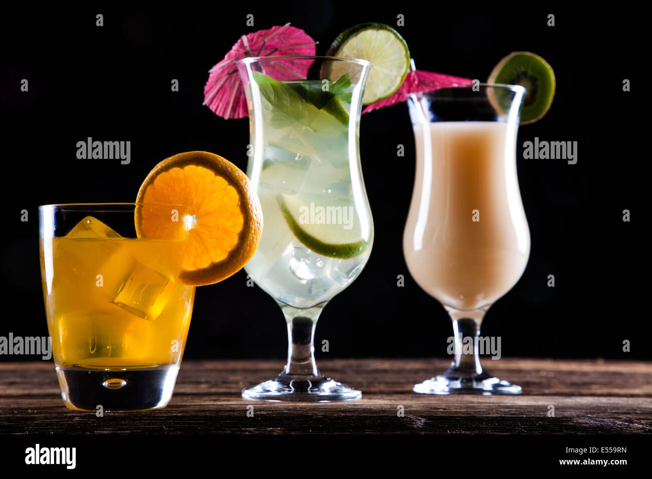 Exotic alcohol drinks set with fruits Stock Photo - Alamy