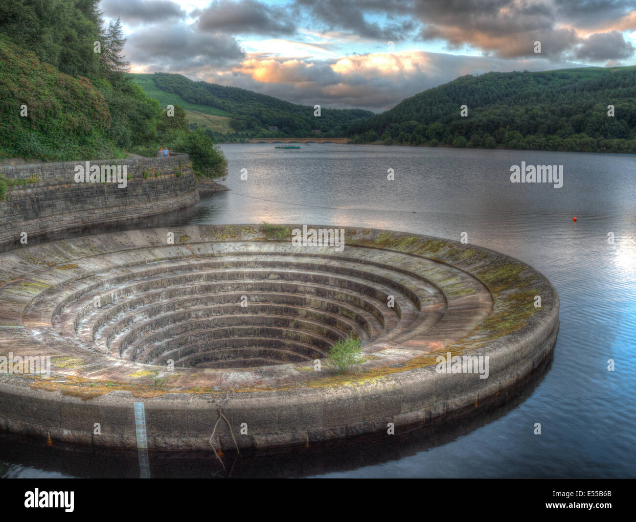 The overflow drain hole in Ladybower Reservoir in the Peak District ...
