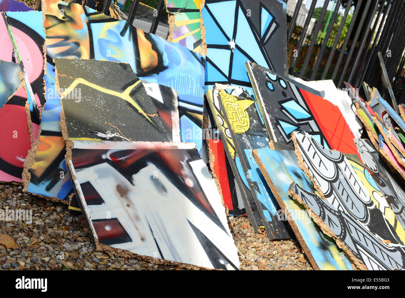 Pieces of abstract student artwork smashed and broken up for disposal ...