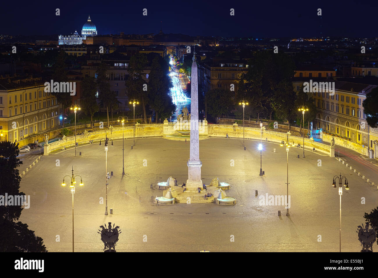 Piazza del Popolo at night with St Peter's basilica in the distance in ...