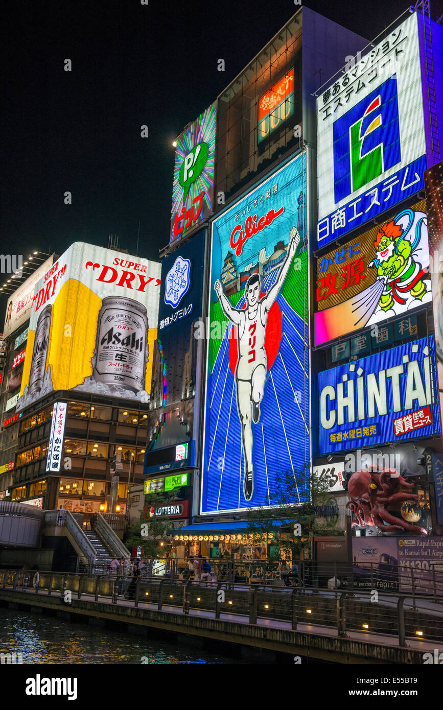 Illuminated Neon Signs along Dotonbori Canal at Night, Osaka, Japan ...