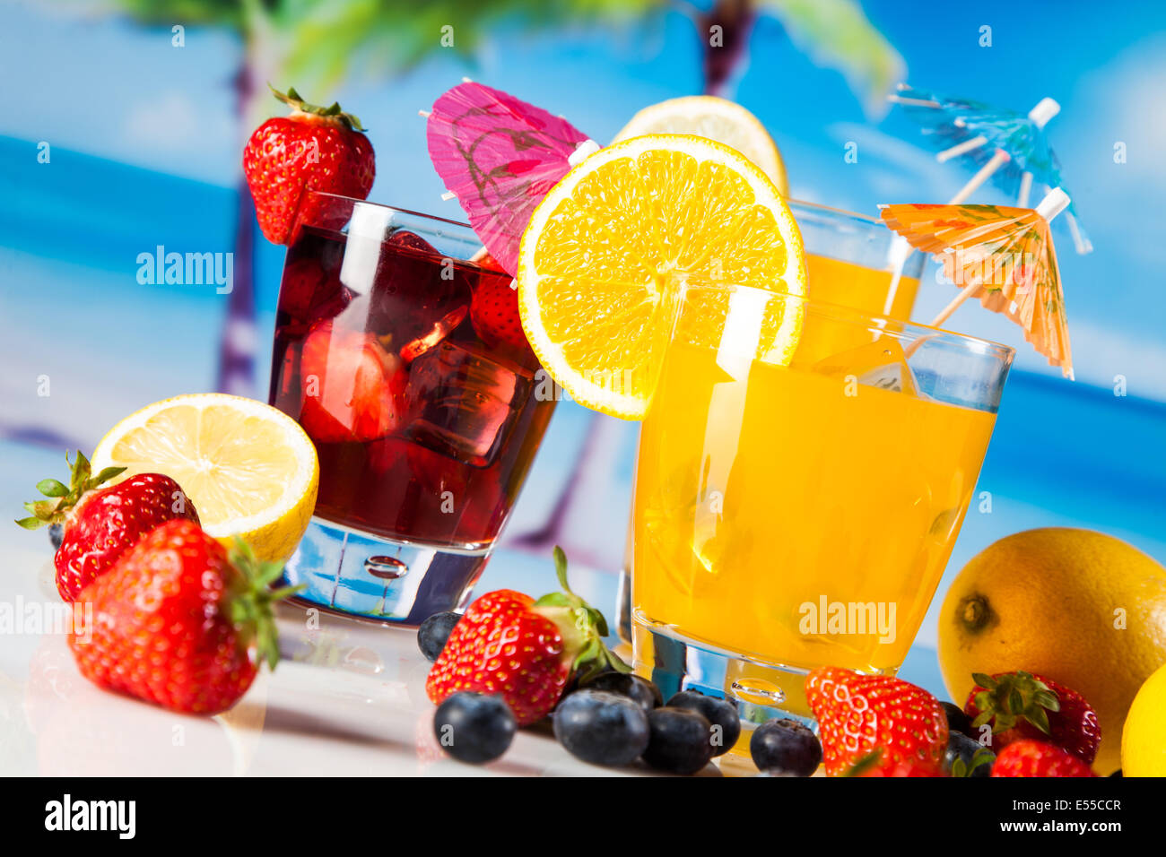 Exotic alcohol drinks set with fruits Stock Photo - Alamy