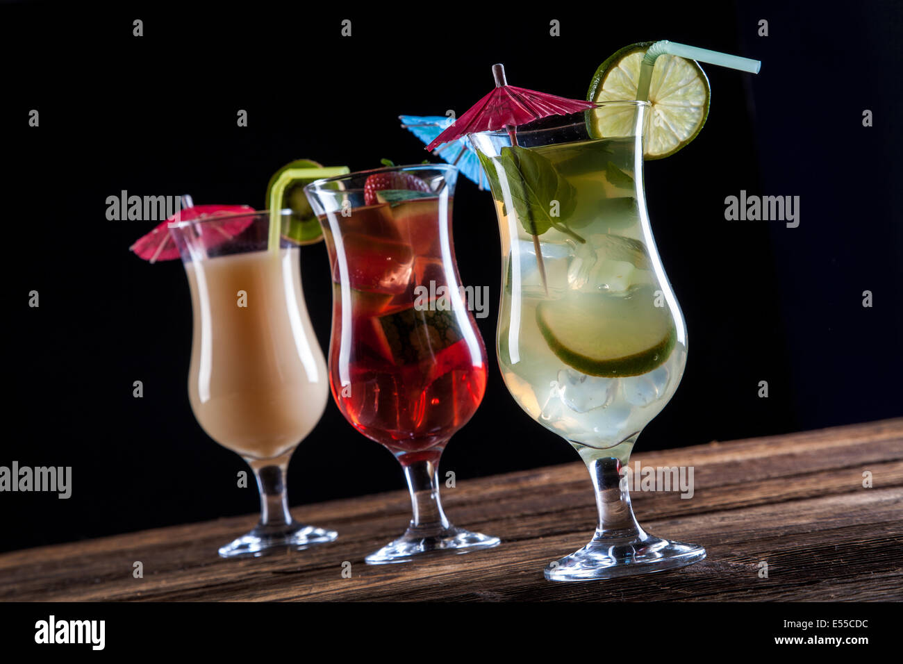 Exotic alcohol drinks set with fruits Stock Photo - Alamy