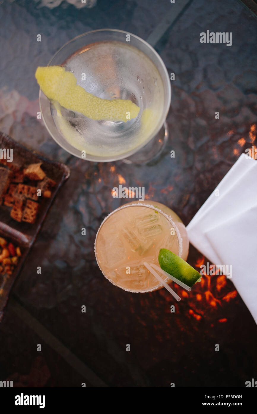 Birds eye view of martini and cocktail on frosted glass table Stock ...