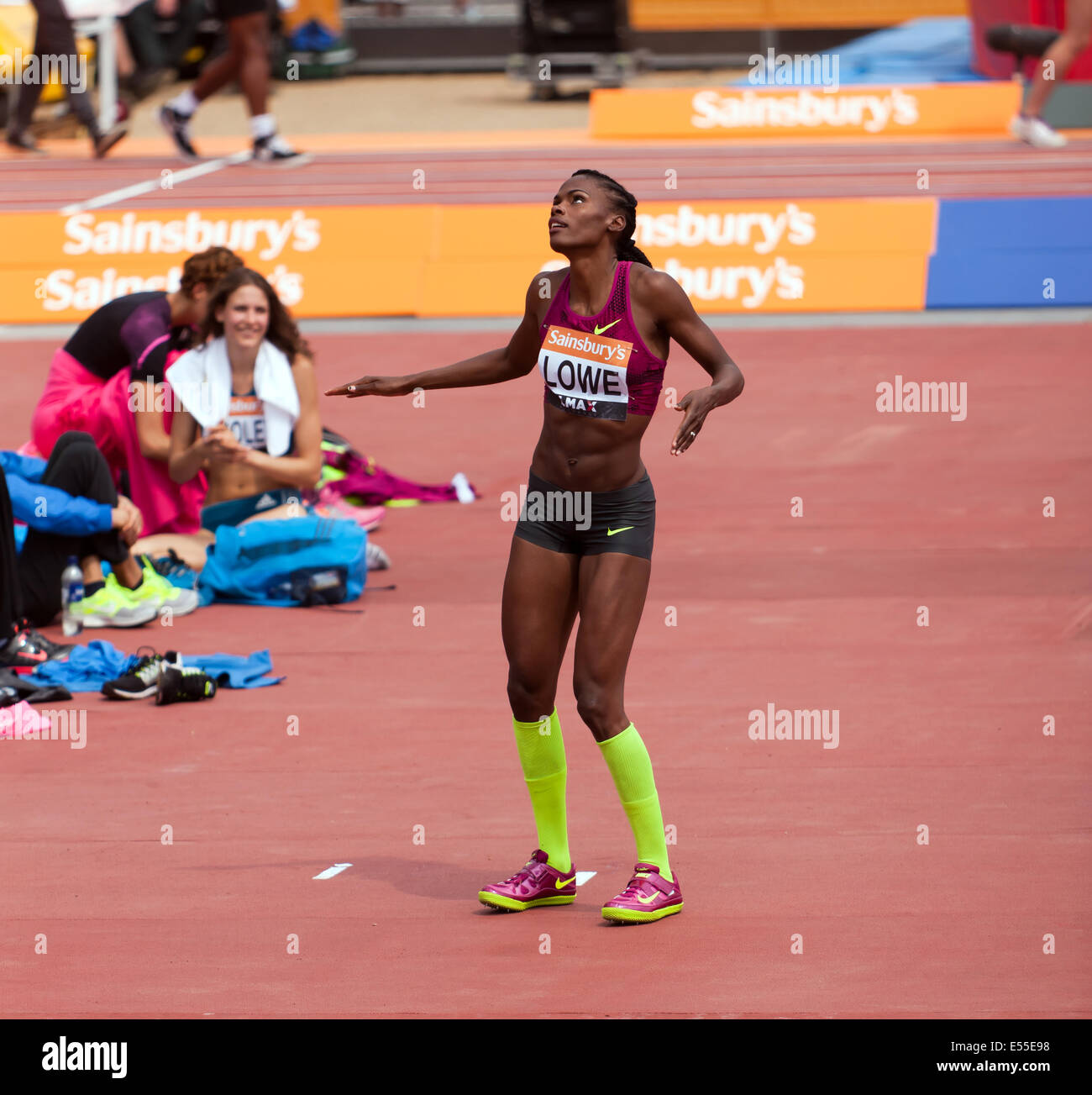 Chaunte Lowe (USA) doing a celebratory dance, after successfully ...