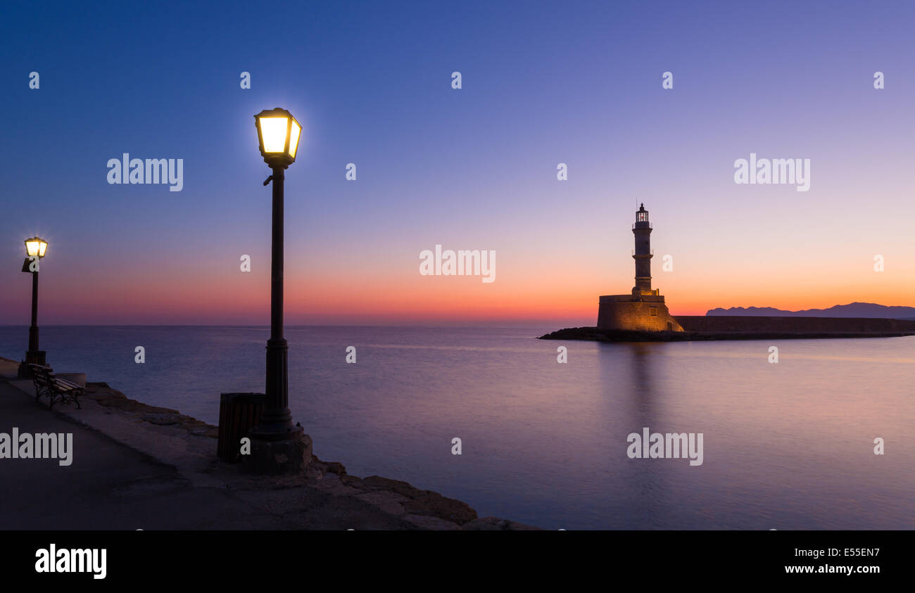 Chania lighthouse at sunrise, harbour, Chania, Crete, Greece Stock Photo - Alamy