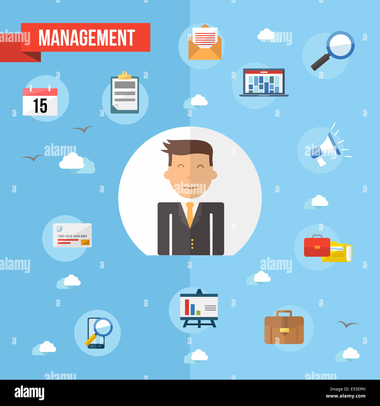 Business management man illustration with flat icons design set ...