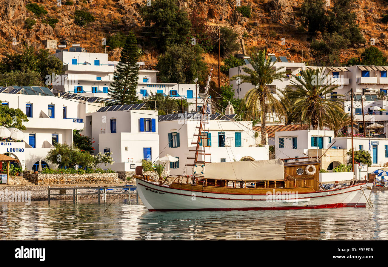 Wooden boat in the harbour, Loutro, Chania, Crete, Greece Stock Photo ...